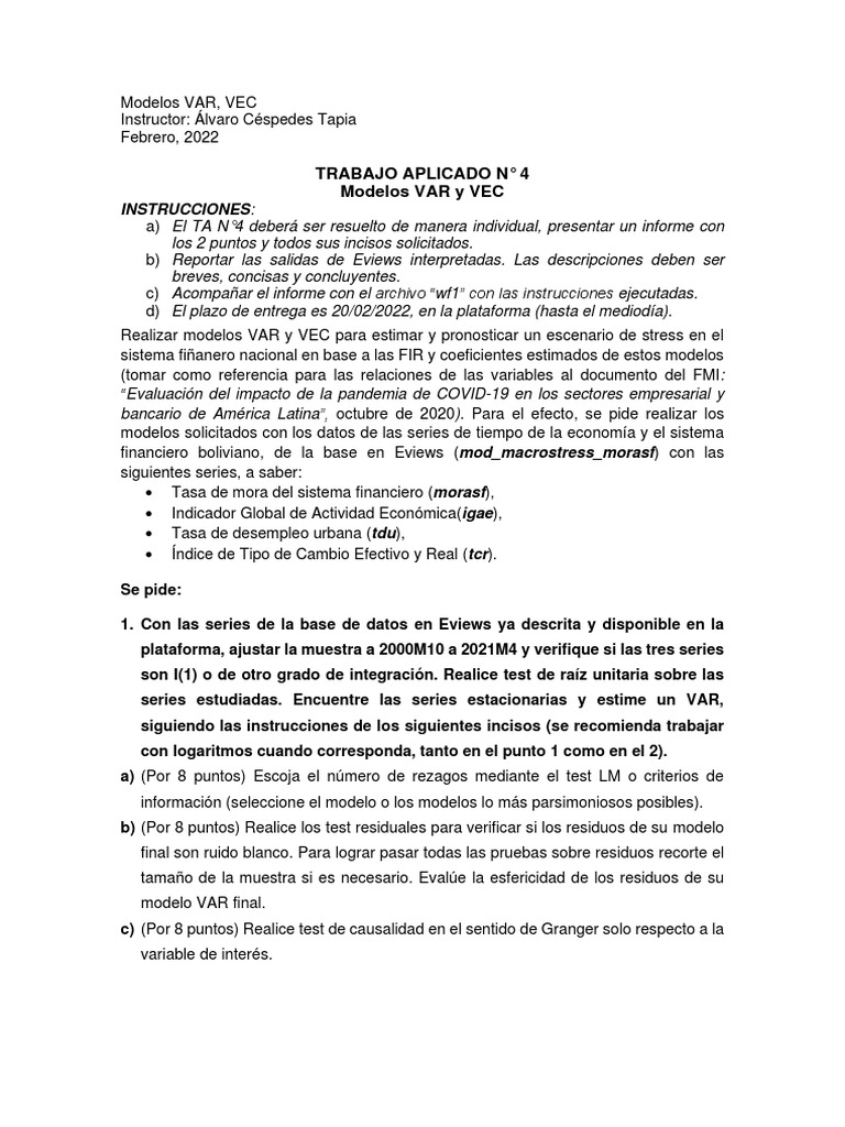 Trabajo Aplicado N°4 - Modelos VAR, VECM INSTRUCCIONES | PDF
