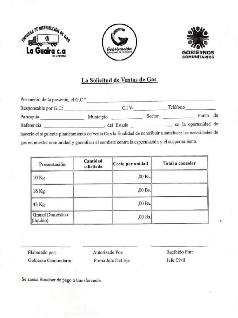 Planilla Solicitud de Venta de Gas | PDF
