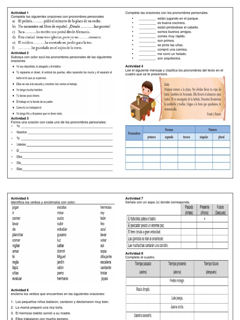Documento sobre pronombres personales y actividades de gramática | PDF