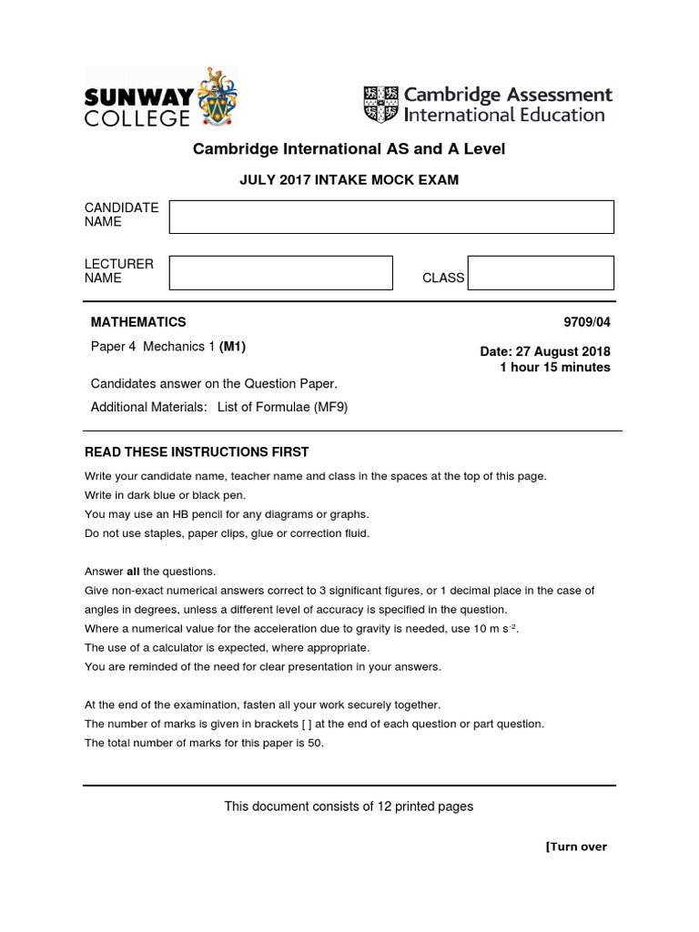 2018 M1 Mock | PDF | Force | Applied And Interdisciplinary Physics