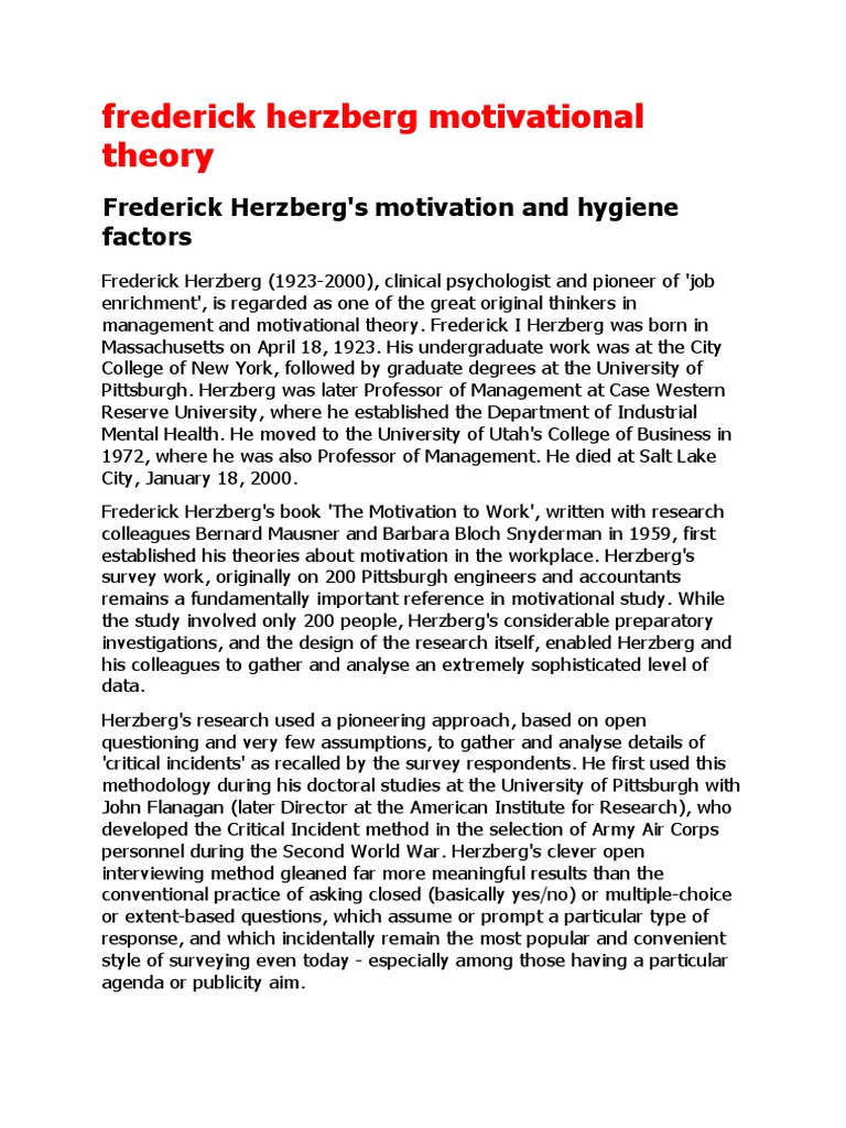 Frederick Herzberg Motivational Theory | PDF | Psychology ...