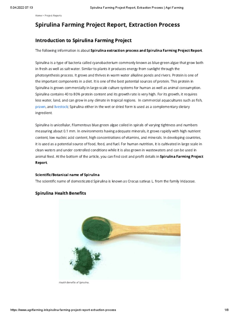 Spirulina Farming Project Report, Extraction Process - Agri Farming ...