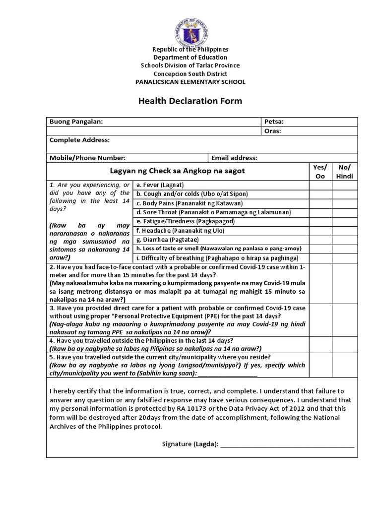 Health Declaration Form: Lagyan NG Check Sa Angkop Na Sagot | PDF ...