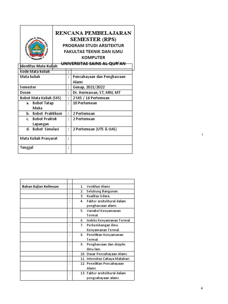 Rencana Pembelajaran Semester (RPS) : Program Studi Arsitektur Fakultas Teknik Dan Ilmu Komputer ...