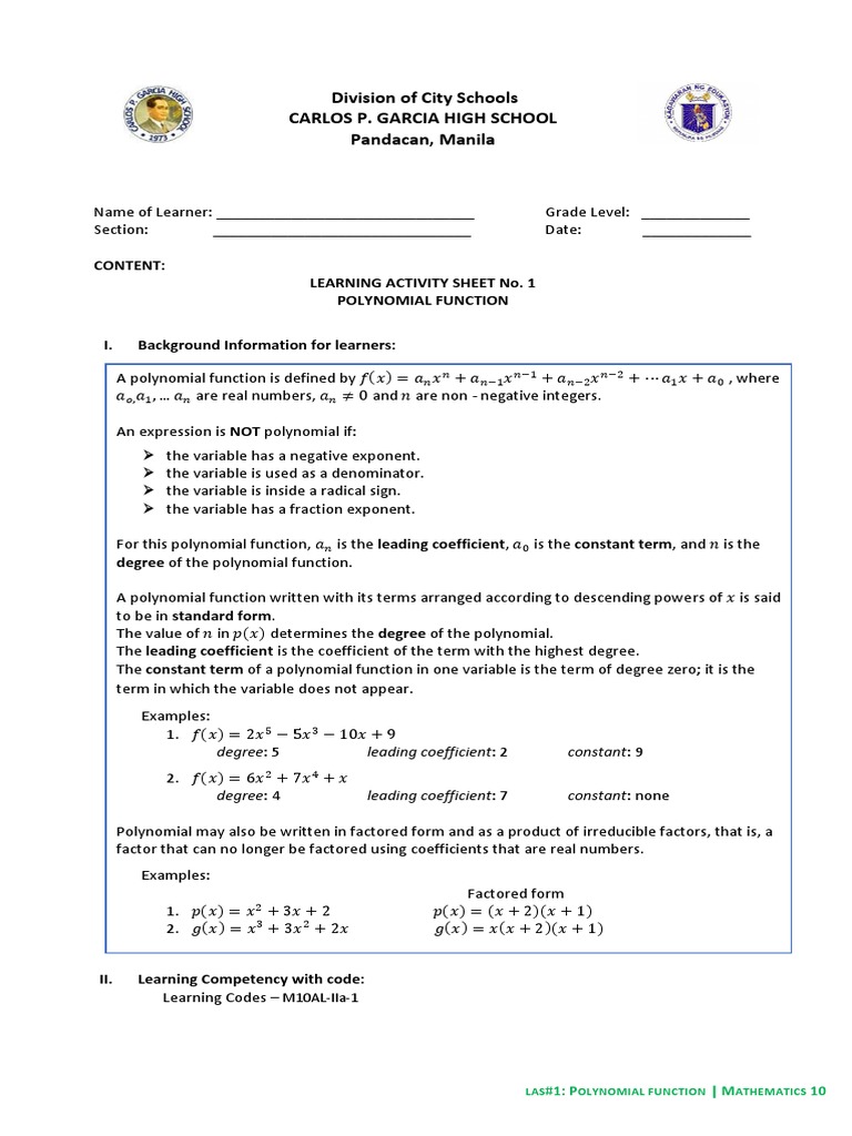 Q2 LAS#1 Polynomial Function | PDF | Polynomial | Factorization