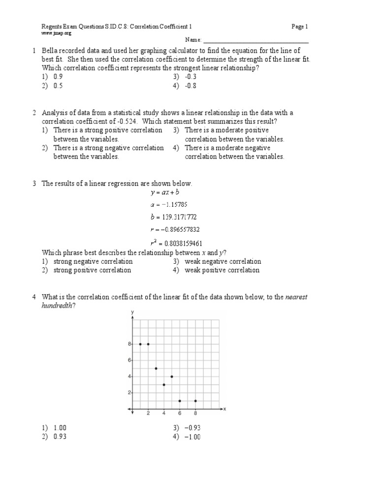 Regents Exam Questions S.ID.C.8: Correlation Coefficient 1 Name | PDF ...