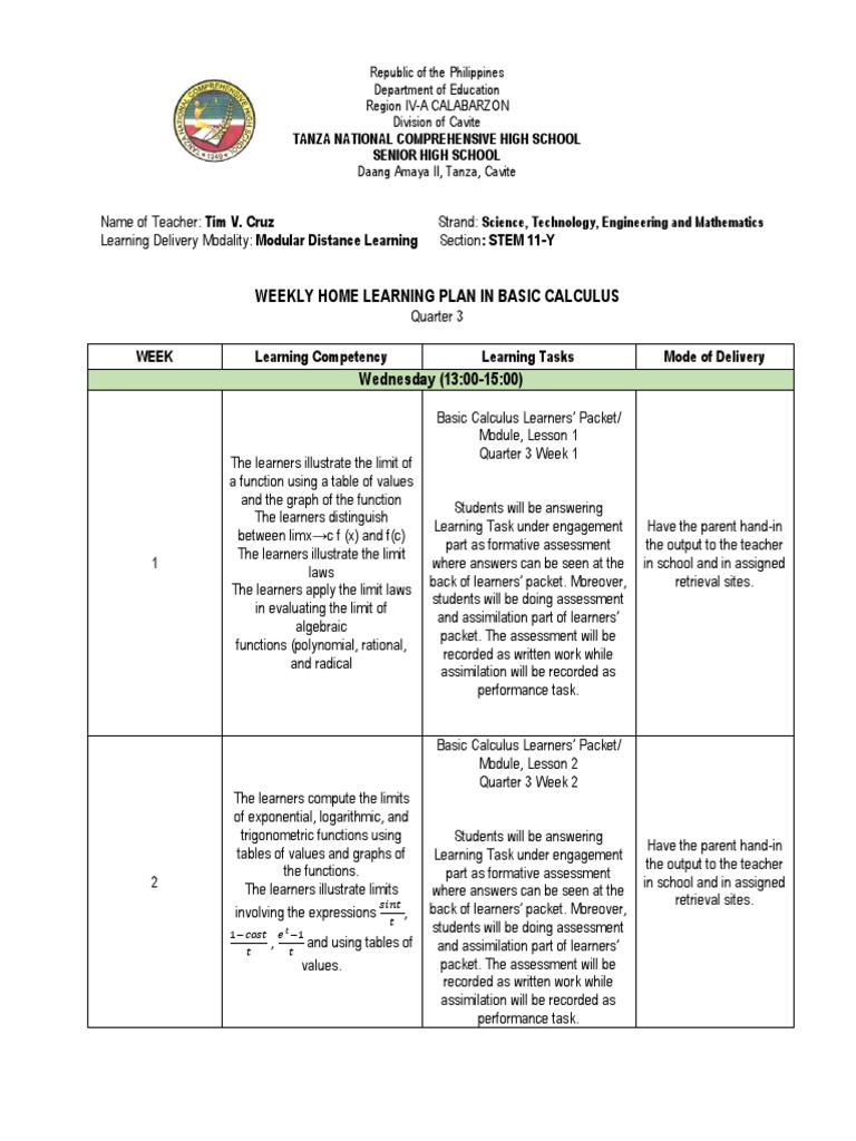 Weekly Home Learning Plan in Basic Calculus: Strand | PDF | Function (Mathematics ...