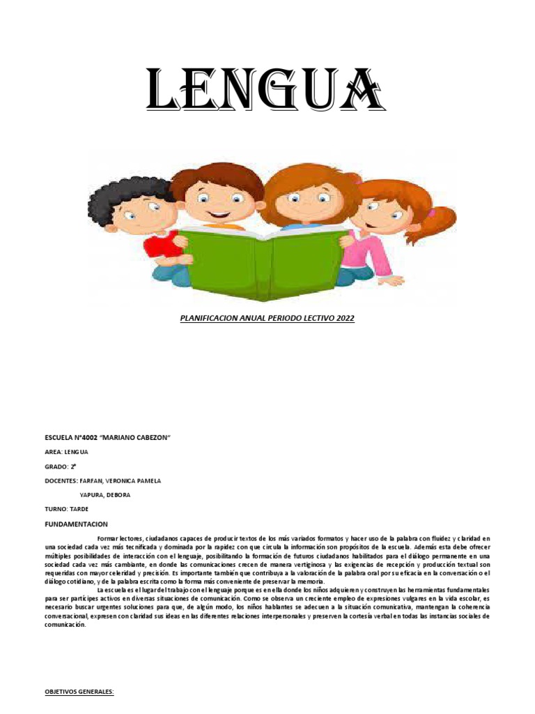 Planificación anual de lengua para 2do grado en la Escuela N°4002 ...