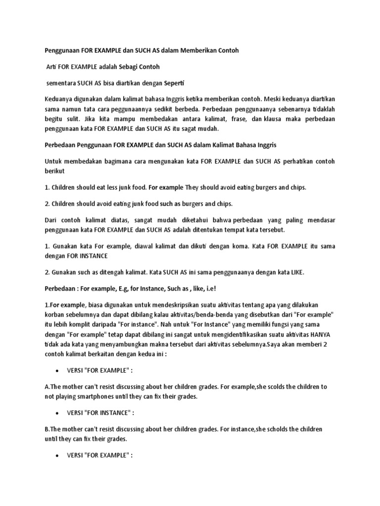 Penggunaan For EXAMPLE Dan SUCH As, For Instance | PDF