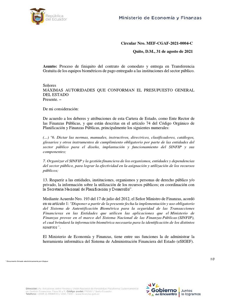 Bio Oficio Circular Mef Cgaf 2021 0004 C 1 | PDF | Presupuesto | Biometría