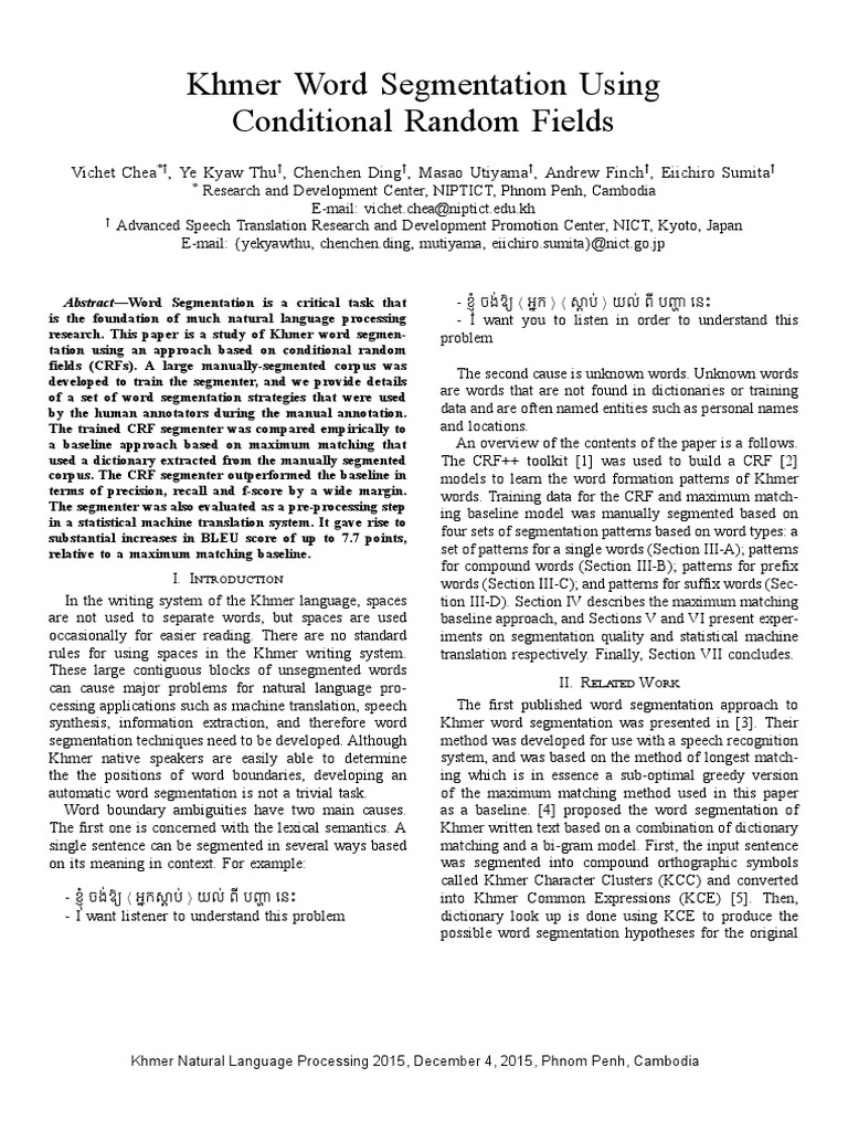 Khmer Word Segmentation Using Conditional Random Fields | PDF | Word | Image Segmentation