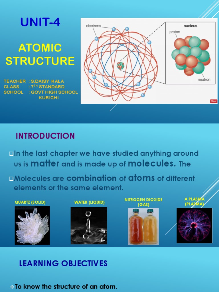Unit - 4 Atomic Structure - 7th STD | PDF | Atomic Nucleus | Atoms