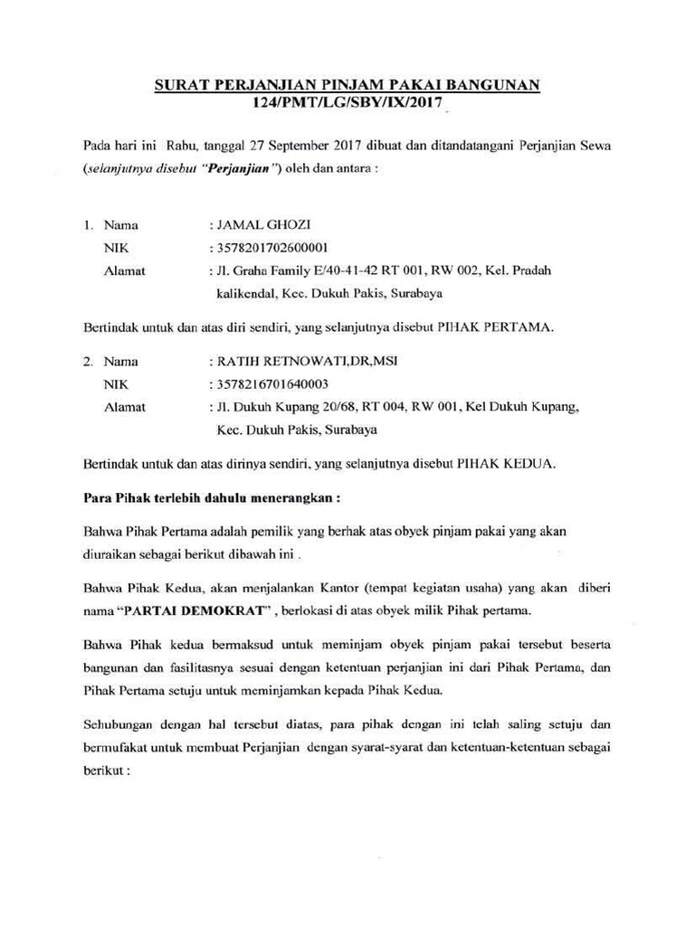 Surat Perjanjian Pinjam Pakai Bangunan DPC PD Kota Surabaya | PDF