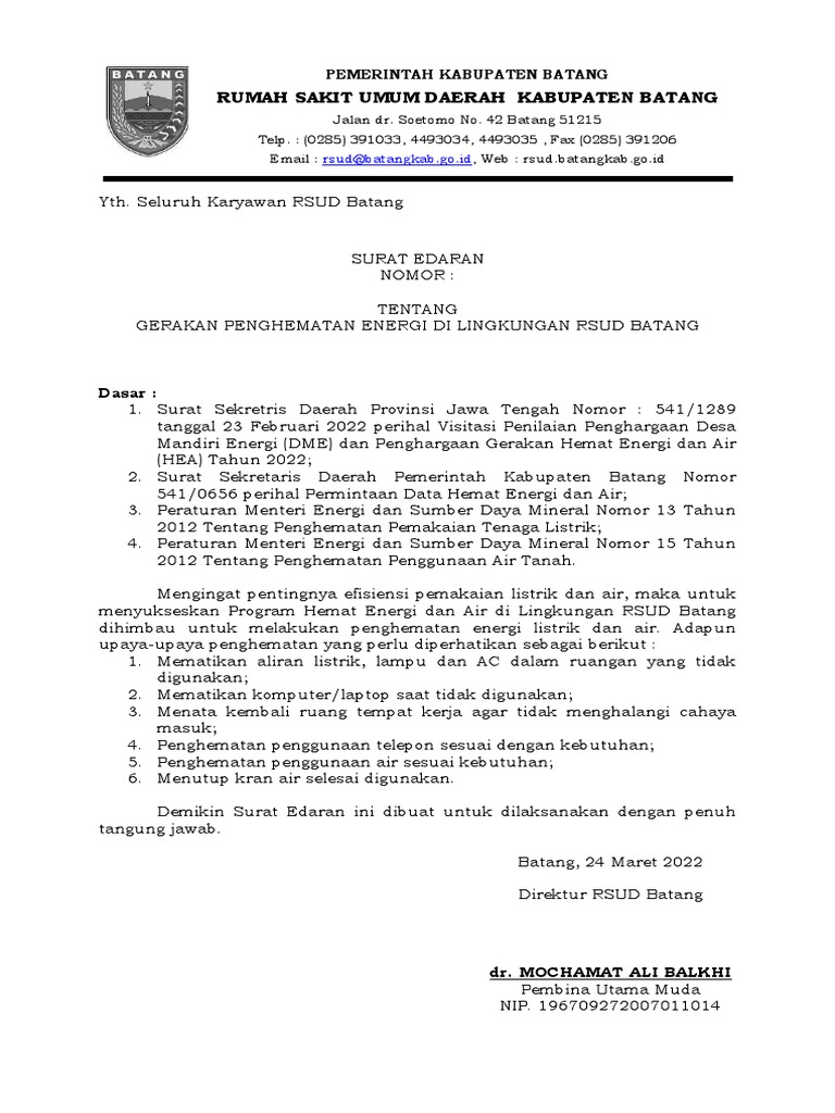 Surat Edaran Hemat Energi Dan Air | PDF