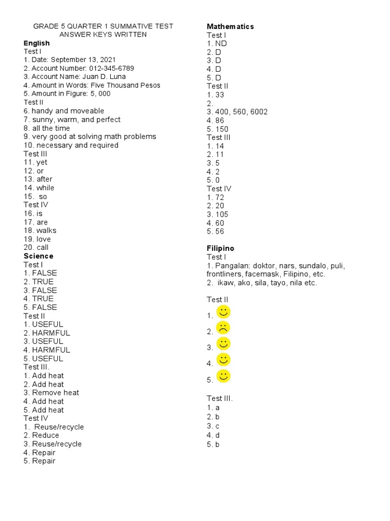Grade 5 Quarter 1 Summative Test Answer Key | PDF
