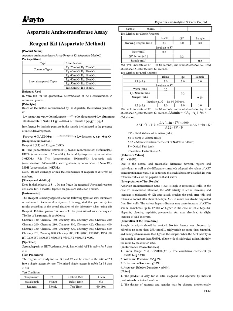 Aspartate Aminotransferase Assay Reagent Kit AST) User's Manual V1.1e | PDF