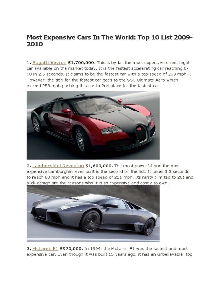 Top 10 Most Expensive Cars 2009-2010 | PDF | Automotive Industry | Car ...