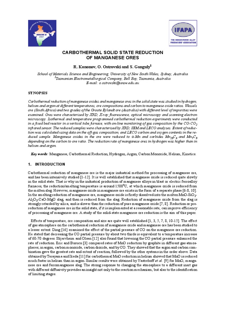Carbothermal Solid State Reduction of Ma | PDF | Manganese | Iron