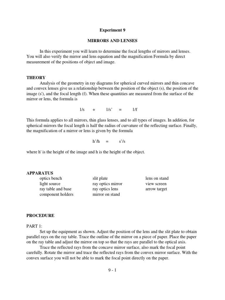 Experiment 9 Mirrors and Lenses | PDF | Mirror | Optics