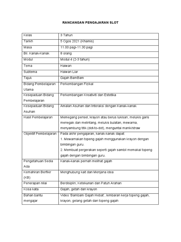 Rancangan Pengajaran Slot | PDF