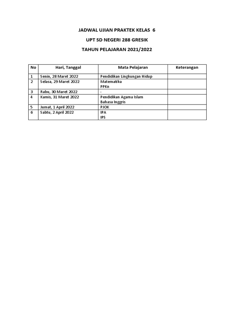 Jadwal Ujian Praktek Kelas 6 | PDF