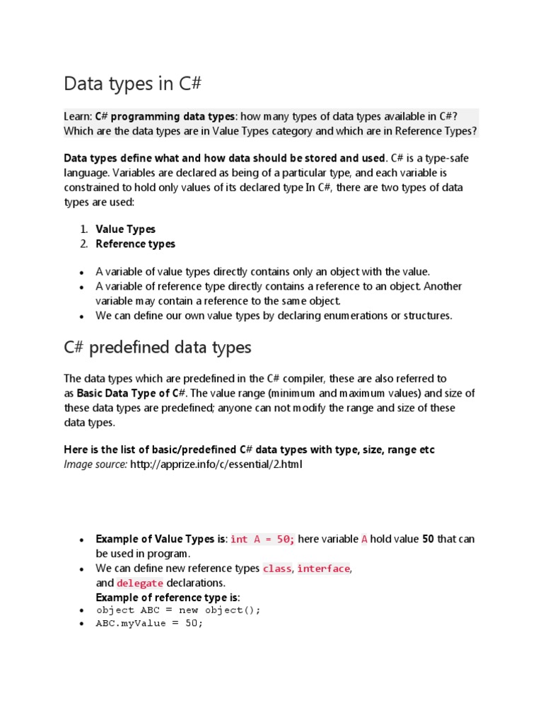 Data Types in C | PDF | Integer (Computer Science) | C Sharp (Programming Language)