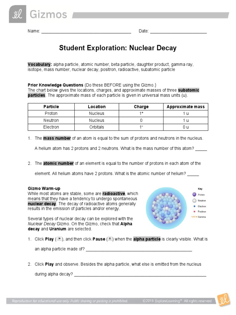 Student Exploration: Nuclear Decay: Nuclear Decay Gizmo. On The Gizmo ...