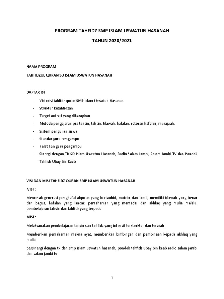 Program Tahfidz SMP Islam Uswatun Hasanah | PDF