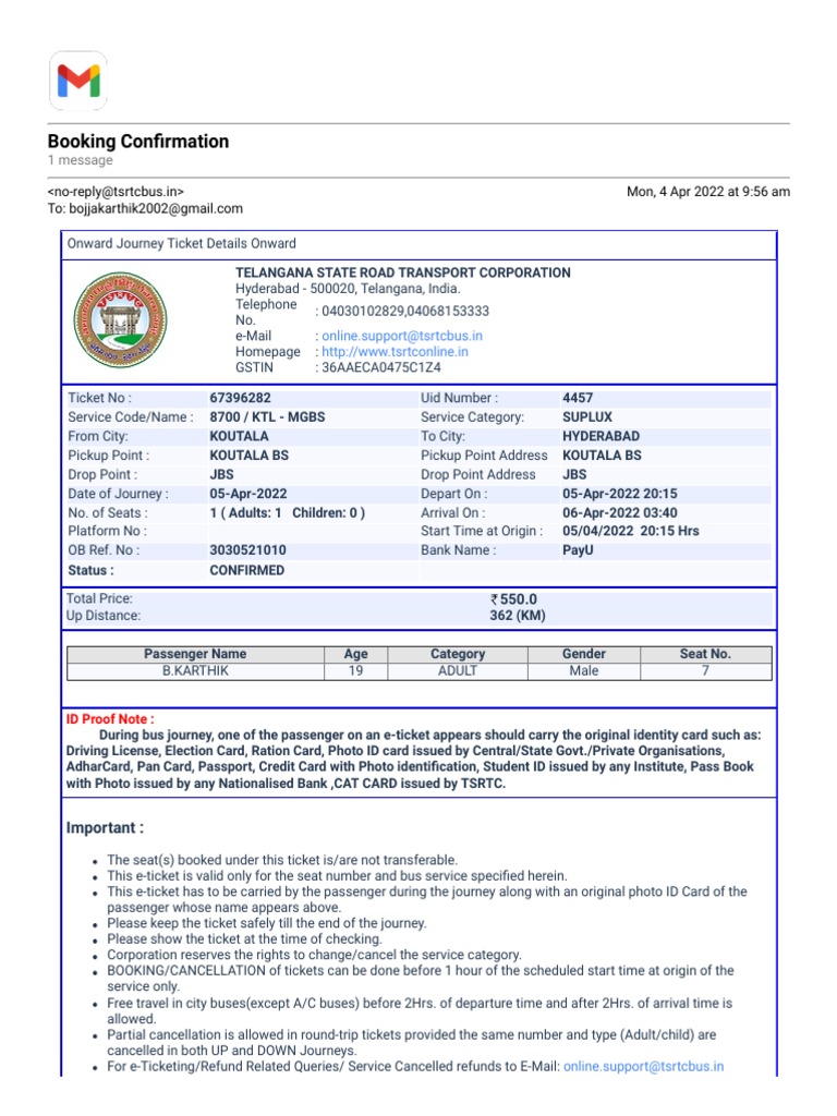 Gmail - Booking Confirmation | PDF | Identity Document | Government And Personhood