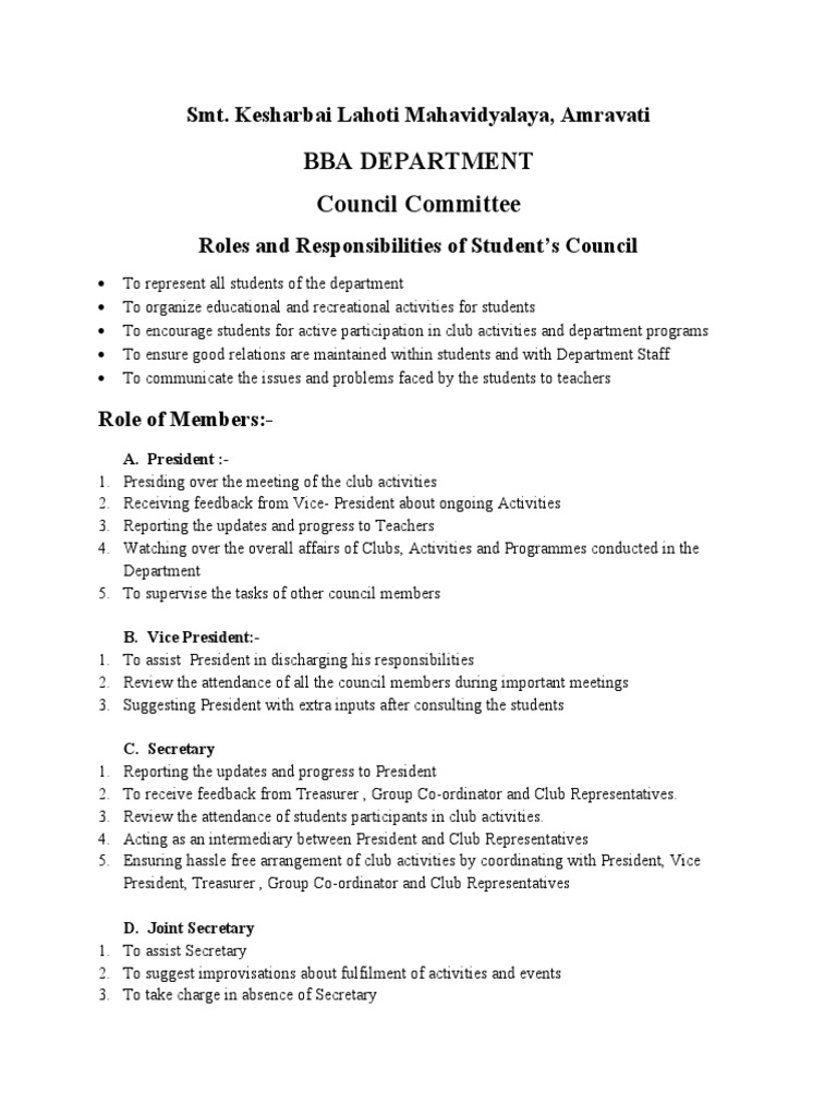 Students Council Roles and Responsibilities | PDF
