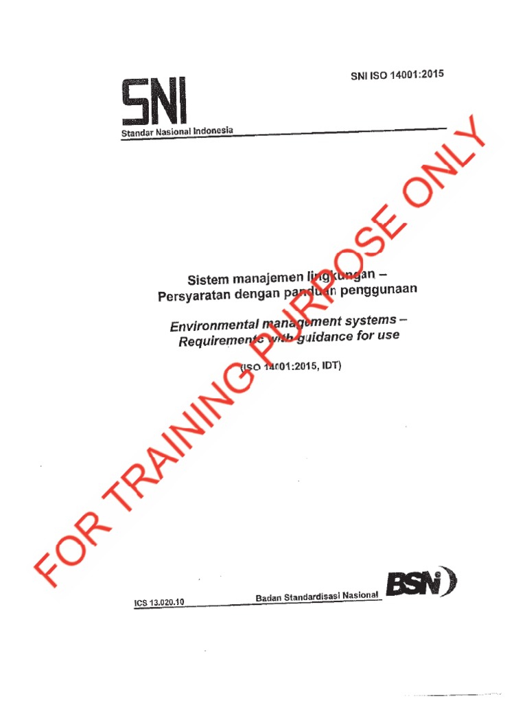 SNI ISO 14001-2015 (For Training Purpose Only) | PDF