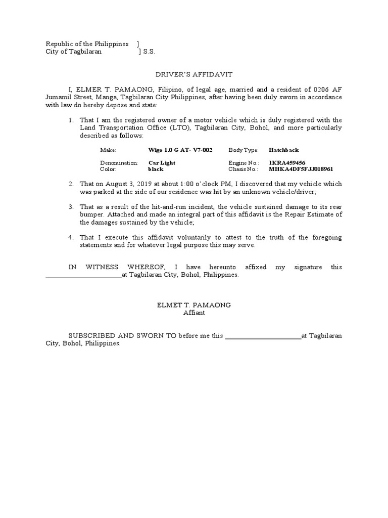 Drivers Affidavit Insurance PAMAONG | PDF