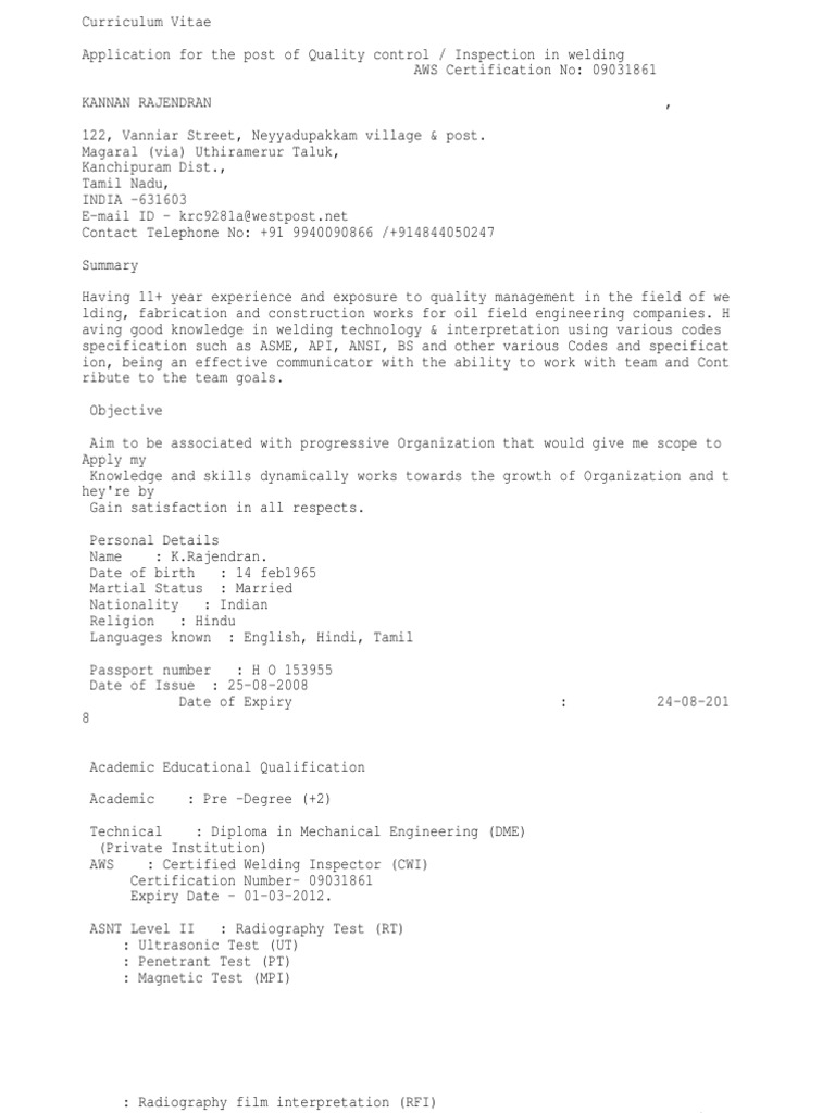 QC/ Welding Inspector | PDF | Nondestructive Testing | Welding