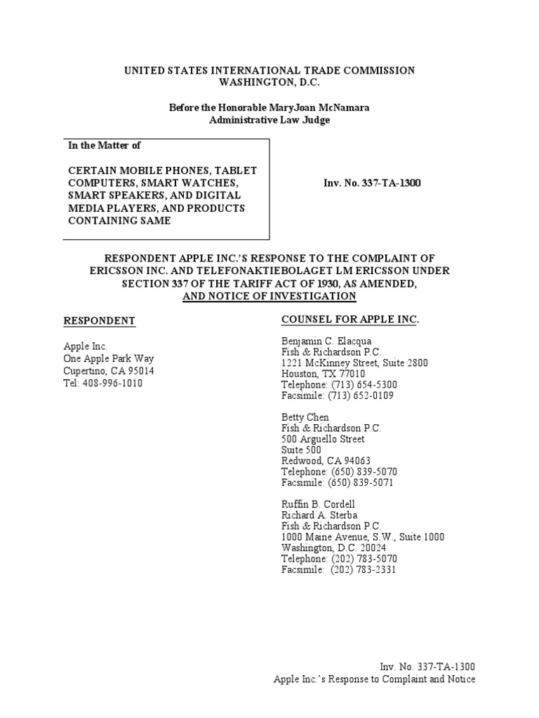 22-04-04 ITC-1300 Apple Answer To Complaint | PDF | Patent | Patent ...