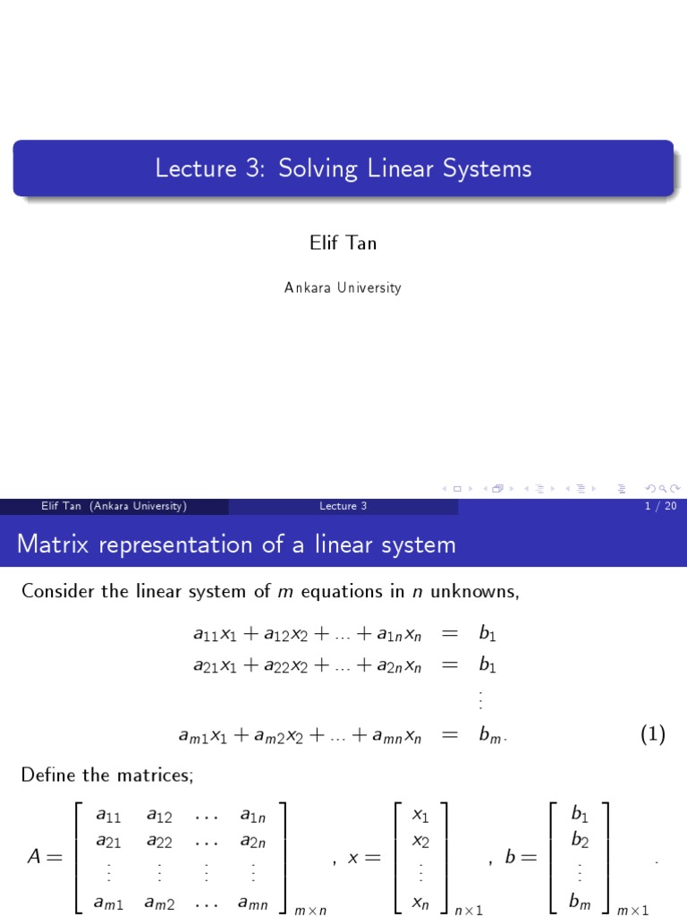 Lecture 3 Solving Linear Systems Elif Tan Pdf System Of Linear Equations Matrix