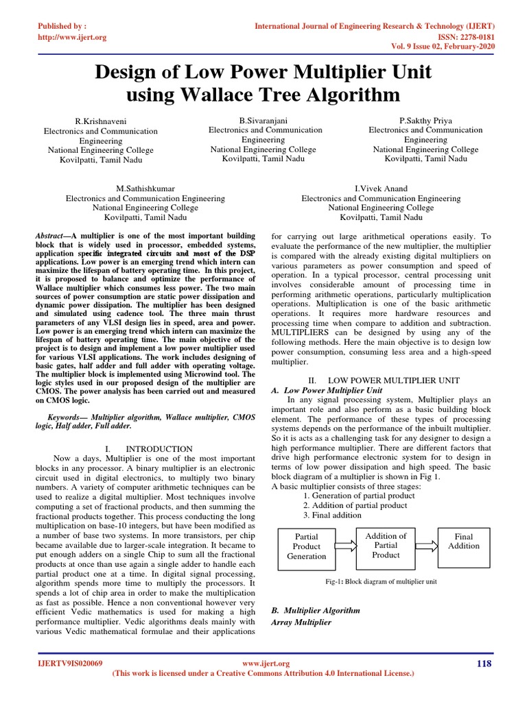 Designing a Low Power Multiplier Unit Using the Wallace Tree Algorithm | PDF | Multiplication ...