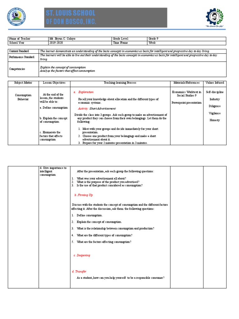 Lesson Plan 9 Consumption | PDF | Consumption (Economics) | Economics