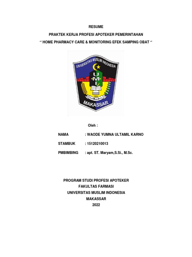 Resume 8 Waode Yumna Ultamil Karno 013 Home Pharmacy Care & Monitoring | PDF