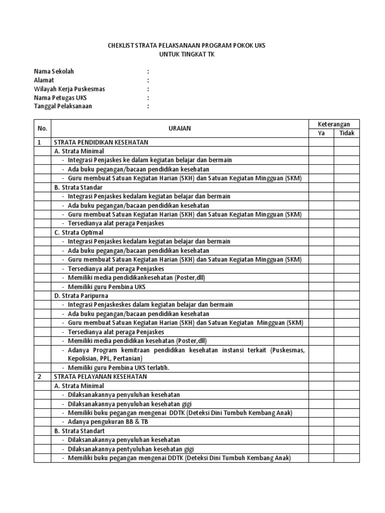 Checklist Program UKS untuk TK dan SD | PDF