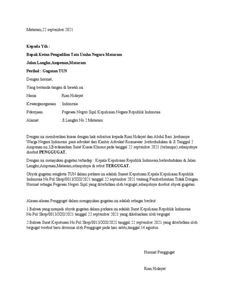 Surat Gugatan PTUN | PDF