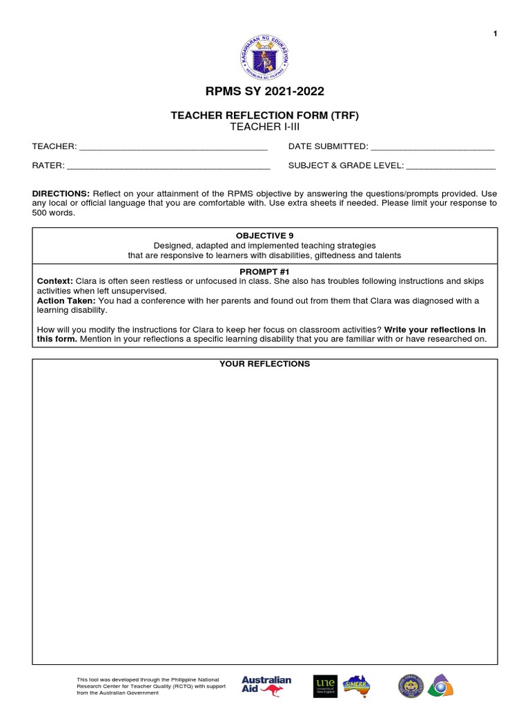 (Appendix 4A) Teacher Reflection Form For T I-III For RPMS SY 2021-2022 | PDF | Intellectual ...