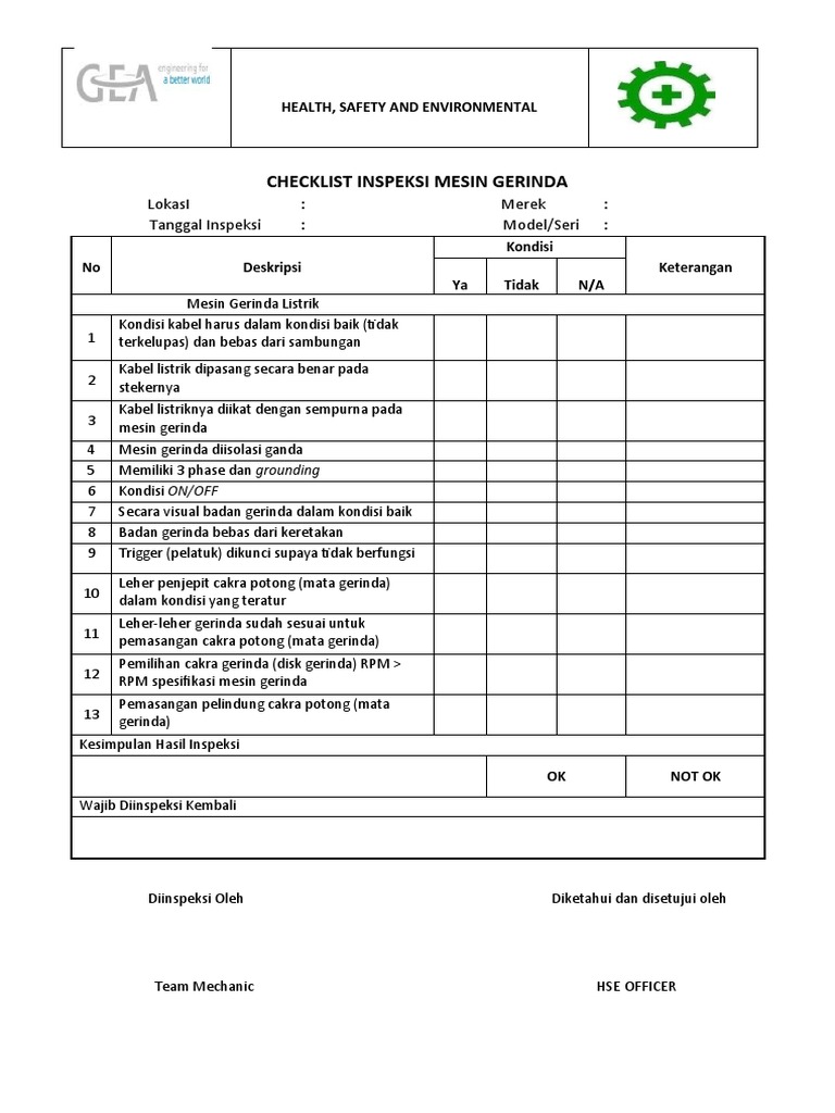 Checklist Inspeksi Mesin Gerinda Lokasi Merek Tanggal Inspeksi Model ...