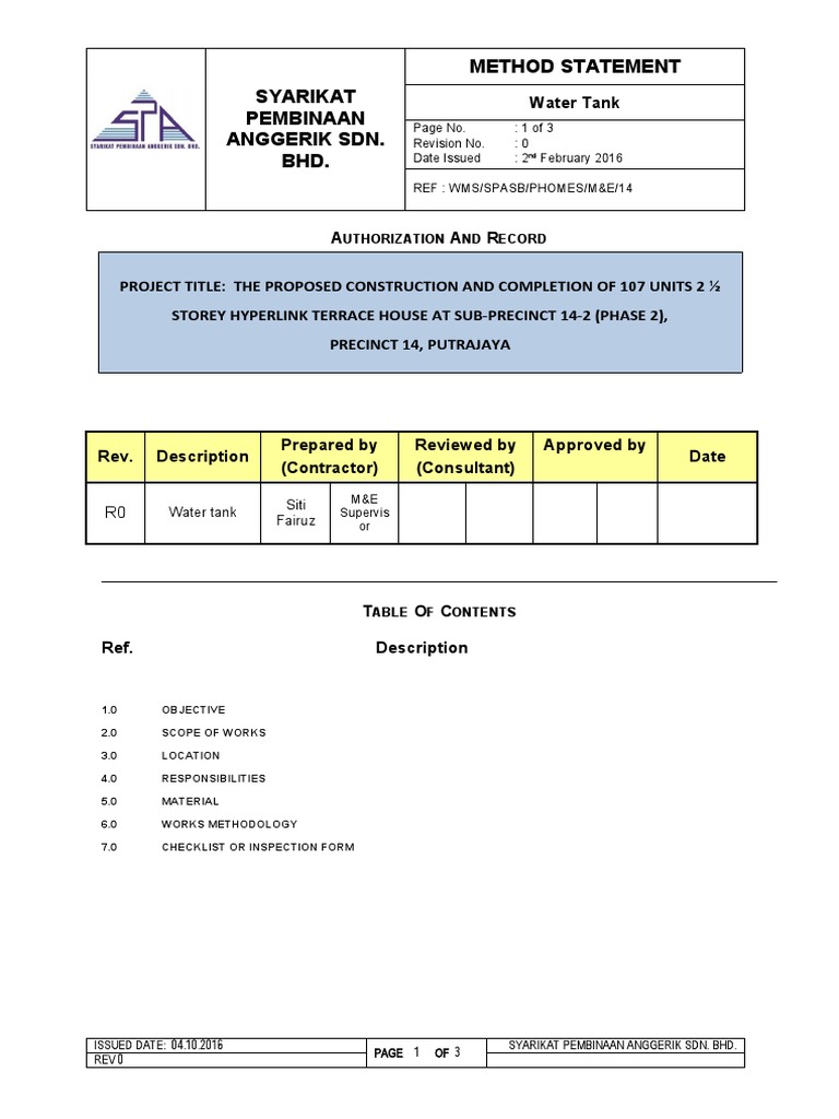 Syarikat Pembinaan Anggerik Sdn. Bhd. Method Statement | PDF | Building ...