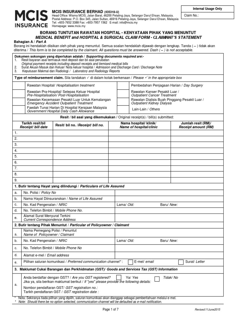 Medical Benefit and Hospital & Surgical Claim Form - Claimant'S ...