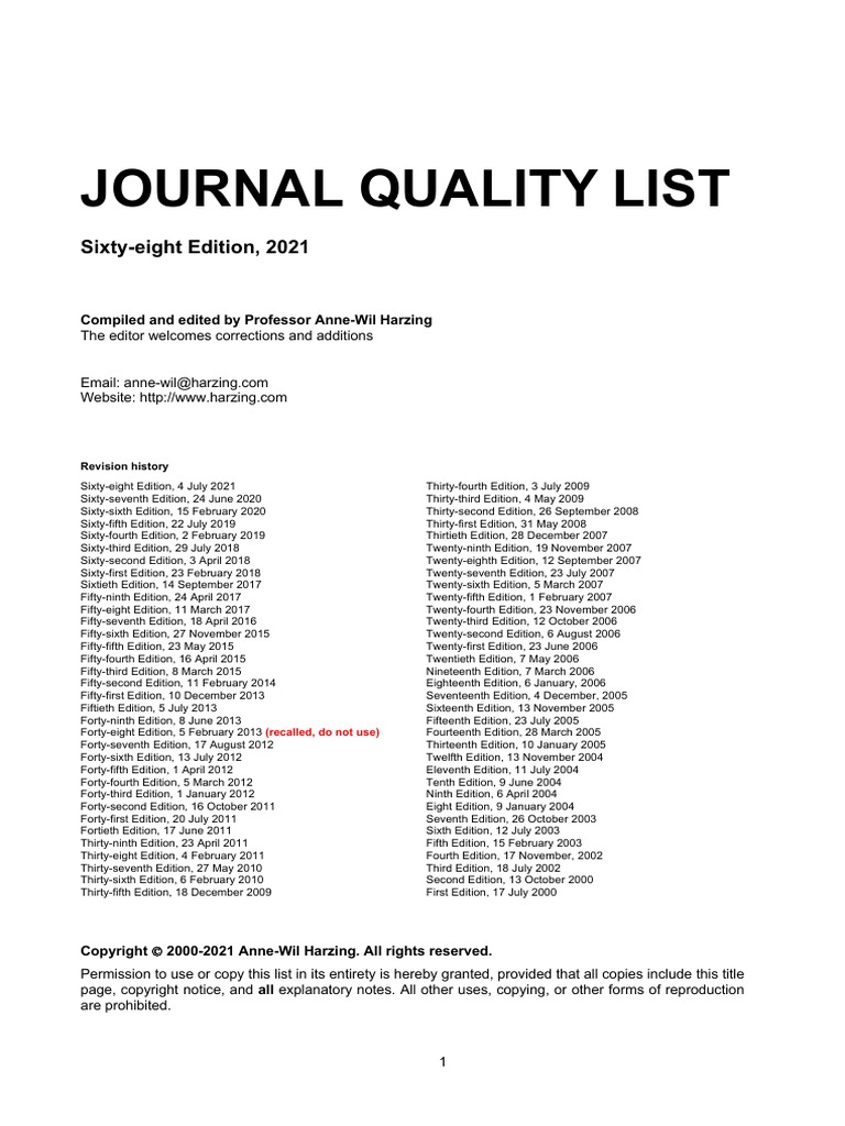 Journal Quality List: Sixty-Eight Edition, 2021 | PDF | Academic ...