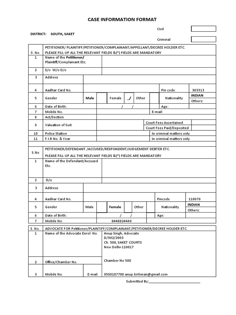 Case Information Format: District: South, Saket | PDF | Separation Of ...