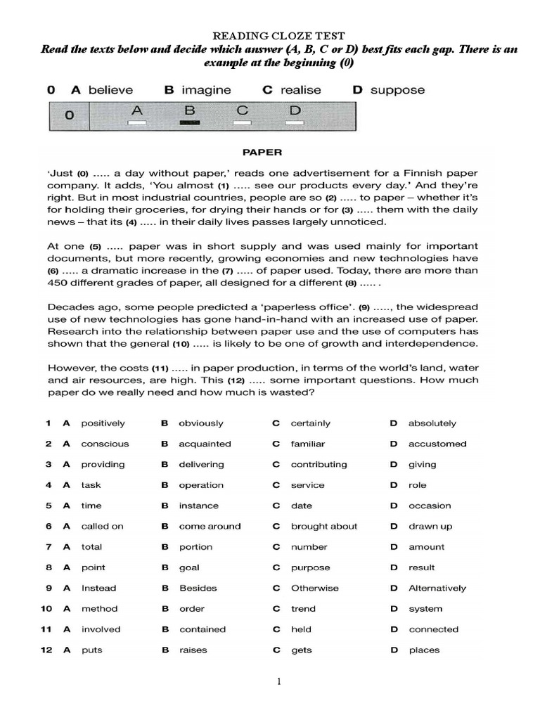 Cloze Test FCE | PDF