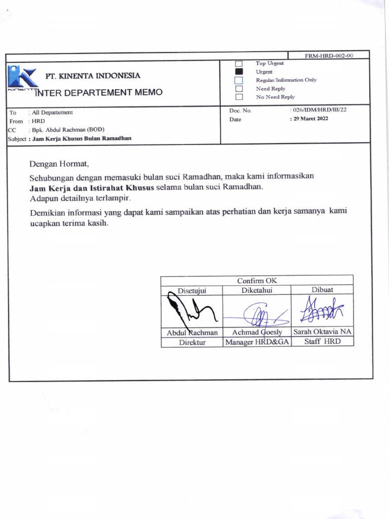 Jam Kerja Ramadhan PT Kinenta | PDF