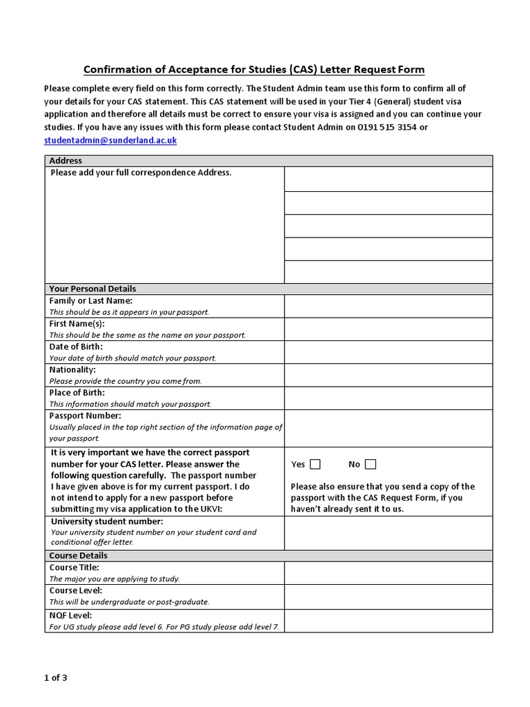 Sunderland CAS Request IHF Form UoS | PDF | Travel Visa | International ...