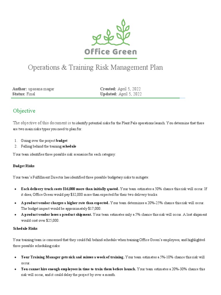 Operations & Training Risk Management Plan: Objective | PDF | Risk ...